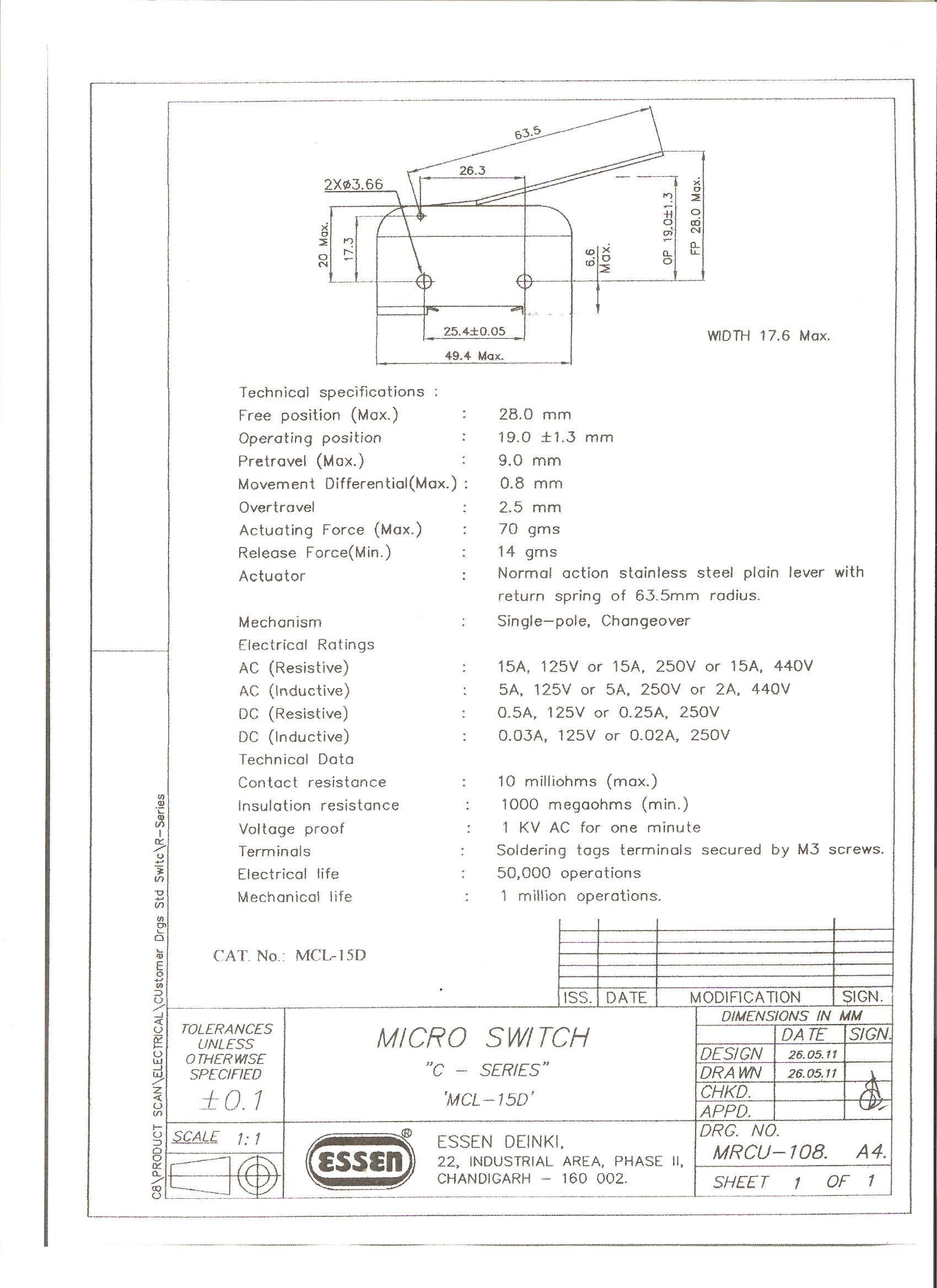 Essen MCL-15D 5a Microswitch with 63mm lever | MCL-15D | Access ...