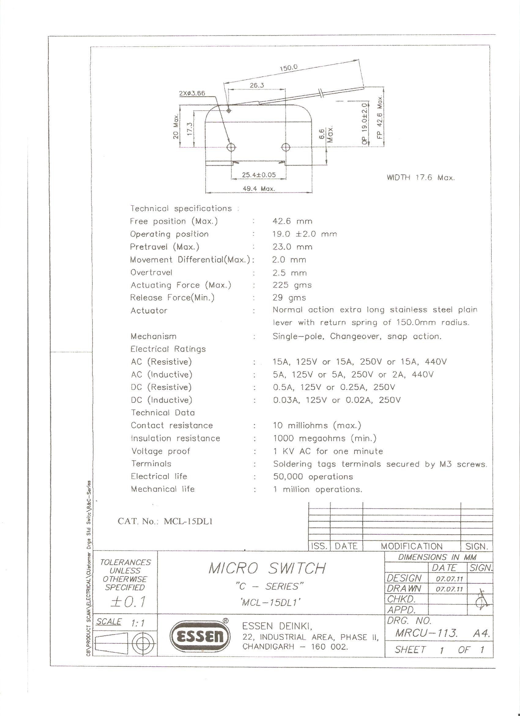 Essen MCL-15DL1 5a Microswitch with plain lever | MCL-15DL1 | Access ...