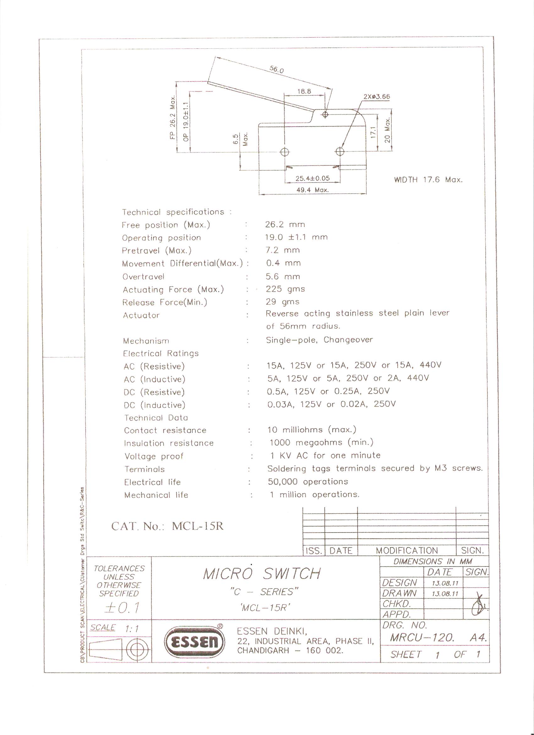 Essen MCL-15R 15a Microswitch with reverse lever actuator | MCL-15R ...