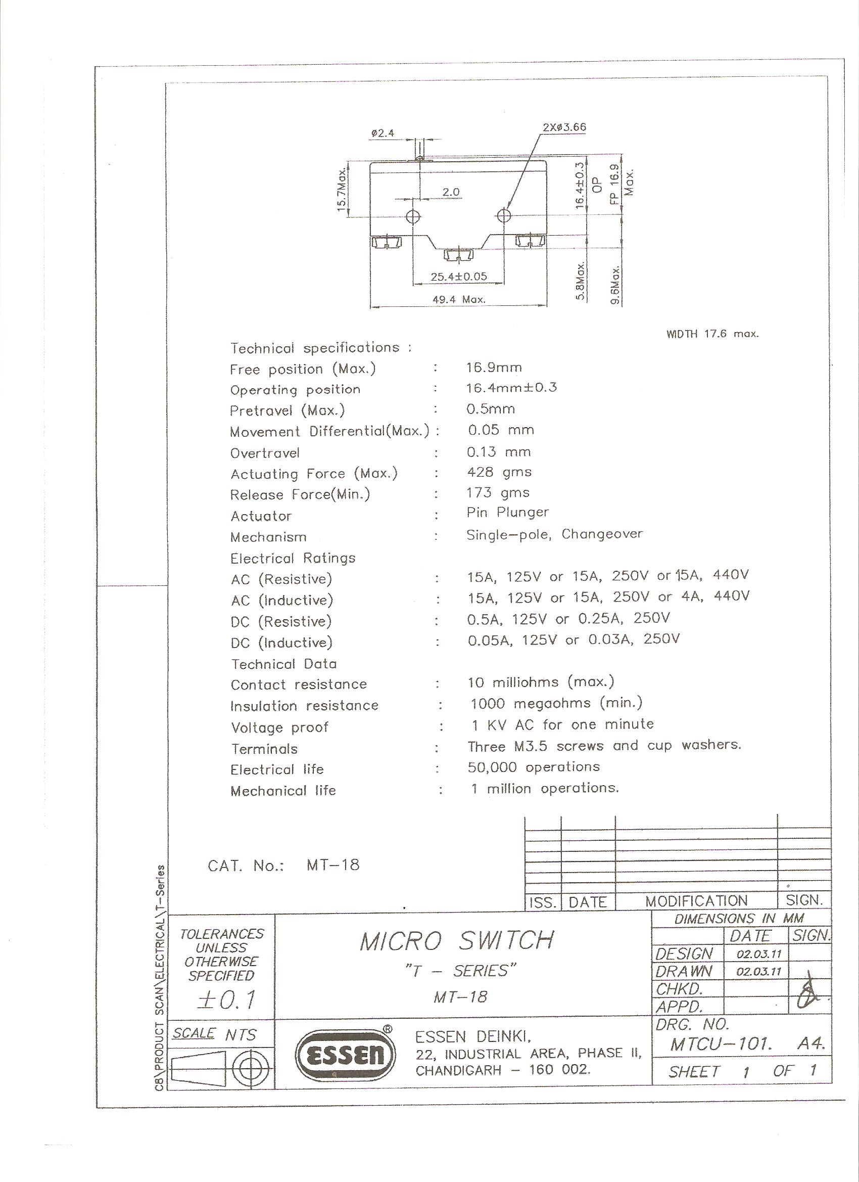 Essen MT-18 15a Microswitch with pin plunger | MT-18 | Access ...